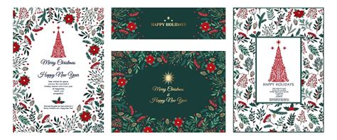 포인세티아 나뭇잎 가지 딸기 홀리 별 크리스마스 트리가 있는 손으로 그린 크리스마스 초대장 세트 겨울 꽃 아늑한 컬렉션입니다 복사 공간이 있는 휴일 벡터 그림 겨울에 대한