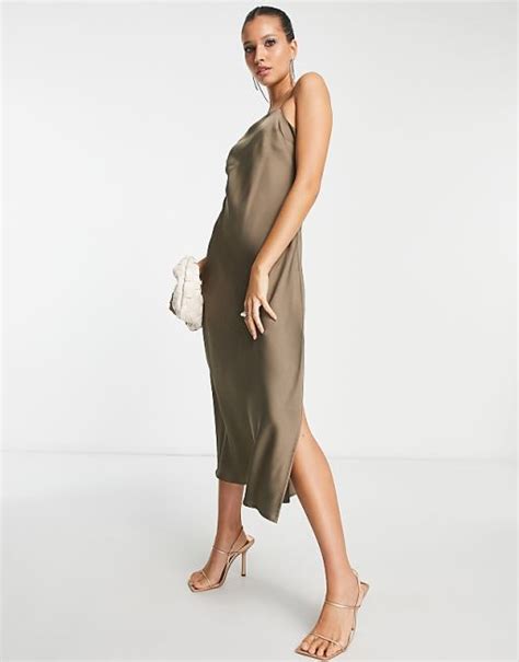 Lola May Satin Cami Midaxi Dress With Diamante Strap In Taupe Asos