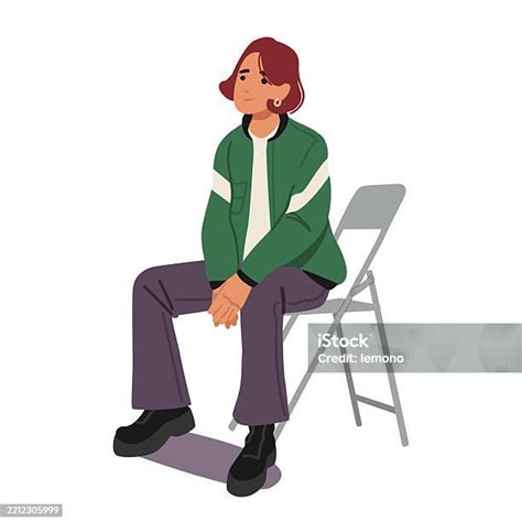 젊은 유행 유행 패션 여자 만화 캐릭터 얼굴에 미소 의자에 앉아 흰색에 고립되어 대체 요법에 대한 스톡 벡터 아트 및 기타