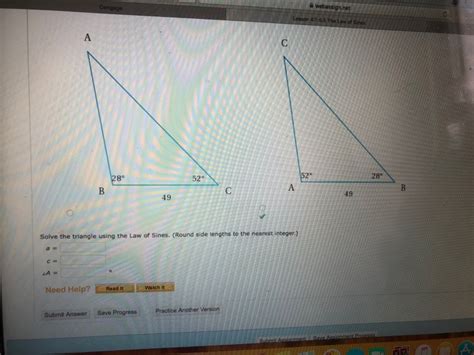 solved 52 28° 8° 52° 49 49 solve the triangle using the law