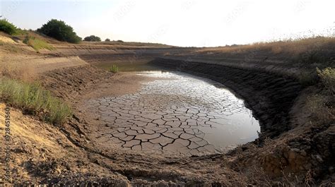 Empty Reservoir With A Cracked Dry Basin The Water Level Has Receded