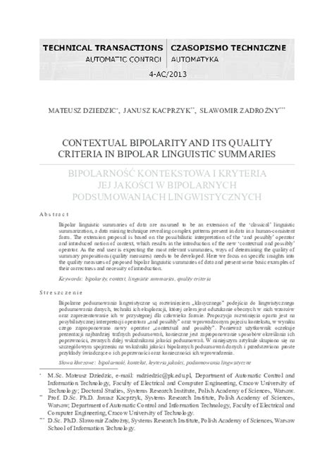 Pdf Contextual Bipolarity And Its Quality Criteria In Bipolar Linguistic Summaries BipolarnoŚĆ