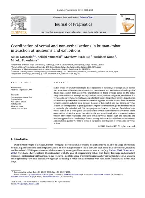 Pdf Coordination Of Verbal And Non Verbal Actions In Humanrobot Interaction At Museums And
