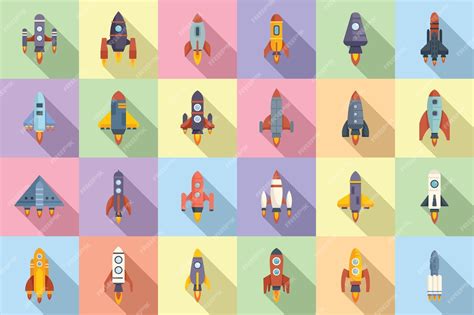Premium Vector Spacecraft Launch Icons Set Flat Vector Rocket Ship