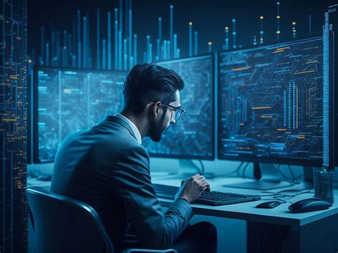 Premium Ai Image A Man Sits At A Desk With A Computer Screen Showing