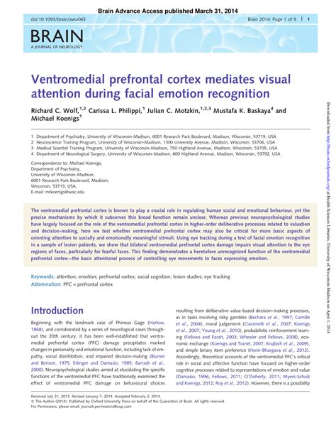 Pdf Ventromedial Prefrontal Cortex Mediates Visual Attention During Facial Emotion Recognition