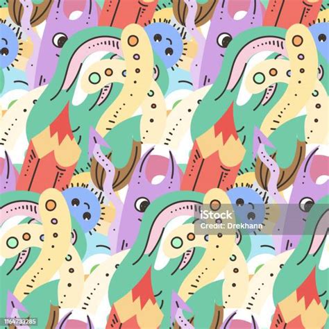 귀여운 만화 괴물과 짐승과 원활한 벡터 패턴 포장 포장지 색칠 하기 페이지 벽지 직물 패션 가정 장식 인쇄 등에 좋습니다 낙서 드로잉에 대한 스톡 벡터 아트 및 기타 이미지