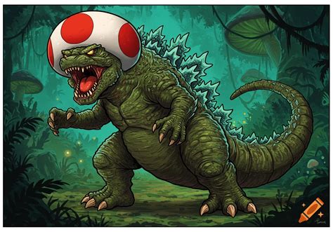 Cartoon Illustration Of Godzilla Wearing A Red And White Mushroom Hat