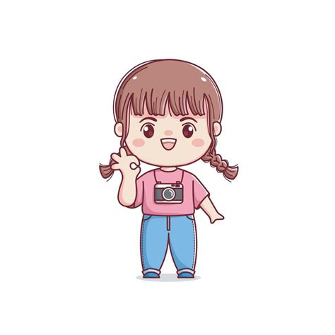 Cute Photographer Girl With Ok Sign Chibi Kawaii 20061588 Vector Art At Vecteezy