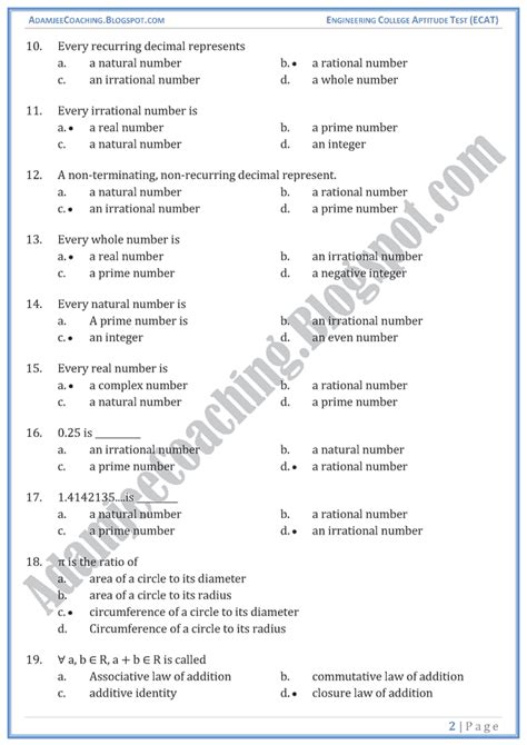 Adamjee Coaching Number System Ecat Mathematics Mcqs For Entry Test