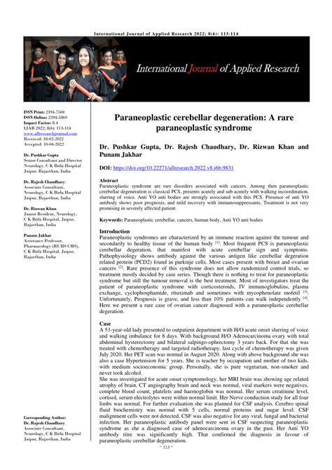 Pdf Paraneoplastic Cerebellar Degeneration A Rare Paraneoplastic