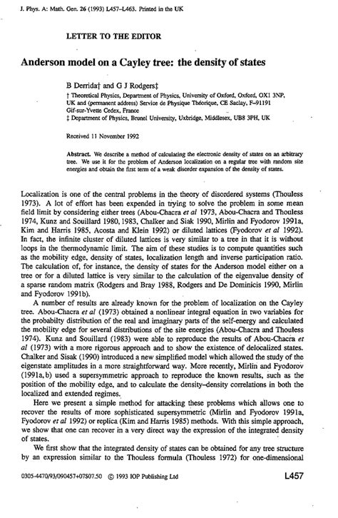 Pdf Anderson Model On A Cayley Tree The Density Of States