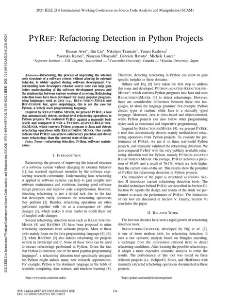 Pyref Refactoring Detection In Python Projects Pdf Software Engineering Computer Programming