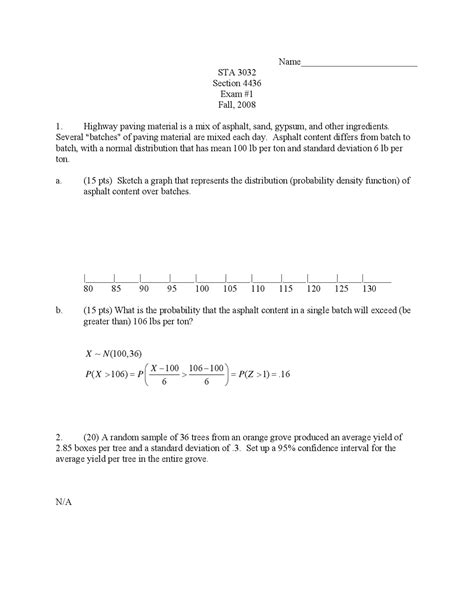Exam I Solved For Engineering Statistics Sta 3032 Docsity