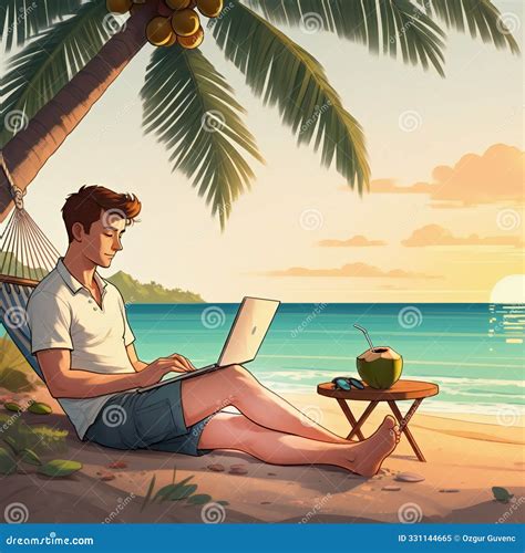 Young Man With A Laptop Sitting Under A Palm Tree On A Tropical Beach