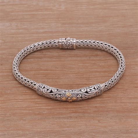 Gold Accent Sterling Silver Pendant Bracelet Elegant Braid