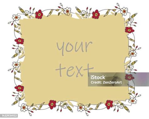 꽃 Ditsy 프레임 텍스트 공간 손으로 그린 장식 귀여운 꽃 우아한 테두리 낙서 스타일 직사각형 모양 회색 빨간색 녹색 색상 팔레트 벡터 0명에 대한 스톡 벡터 아트 및