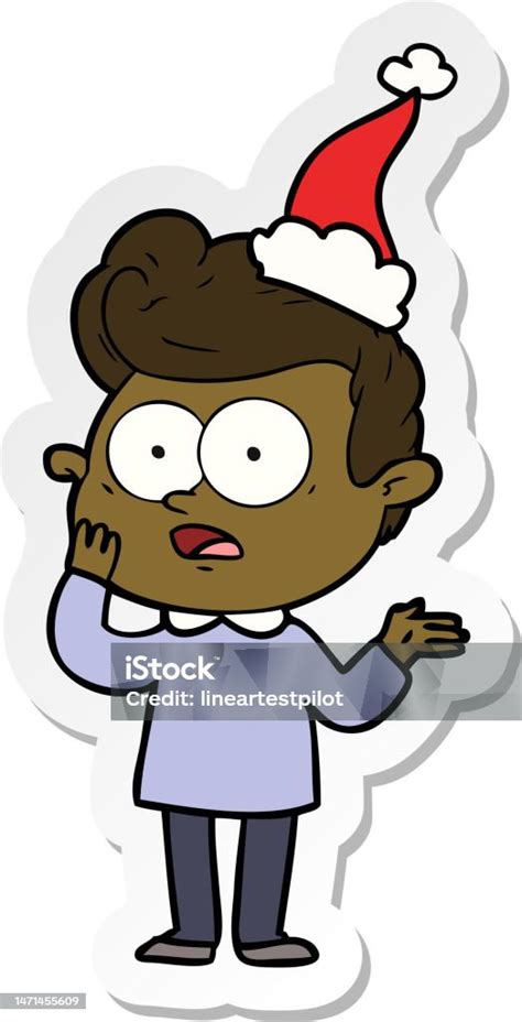 산타 모자를 쓰고 쳐다보는 남자의 손으로 그린 스티커 만화 낙서 드로잉에 대한 스톡 벡터 아트 및 기타 이미지 낙서 드로잉