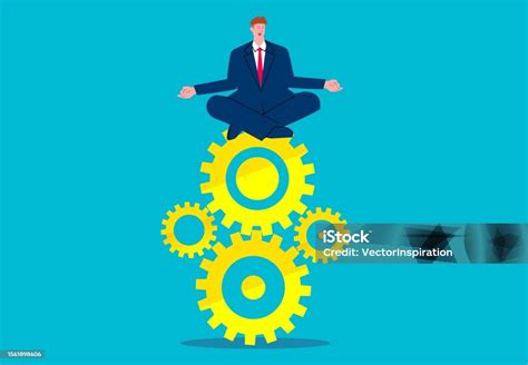 경영 관리 또는 경력 관리 경영 직업 효과적인 솔루션에 대한 생각 업무 효율성 및 워크플로 최적화 사업가는 달리는 생각의 기어에 다리를 꼬고 앉아 있습니다 개념에 대한 스톡