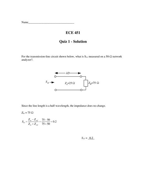 Solution To Quiz 1 In Ece 451 Transmission Line Circuit With S11
