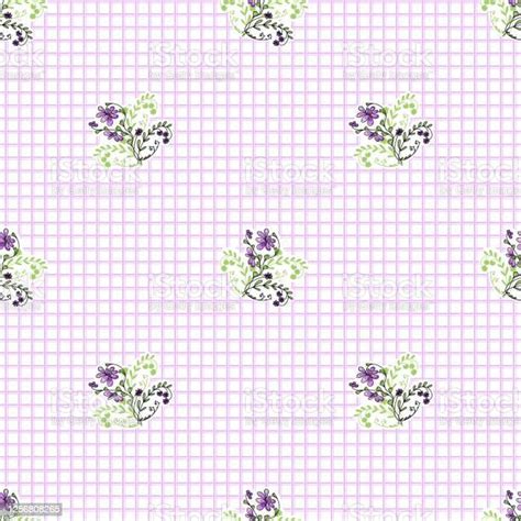 벡터 매끄러운 꽃 패턴 분홍색 체크 무늬 배경에 꽃다발에 수집 된 작은 보라색 분홍색 꽃을 그린 윤곽선 직물 식탁보 배경 화면의 디자인을 위해 0명에 대한 스톡 벡터 아트
