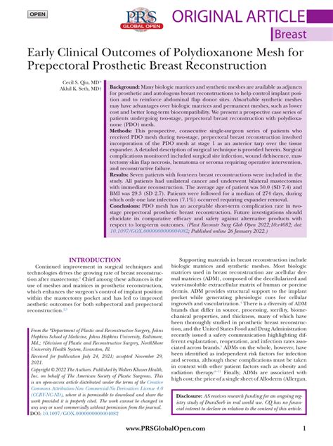Pdf Early Clinical Outcomes Of Polydioxanone Mesh For Prepectoral Prosthetic Breast Reconstruction