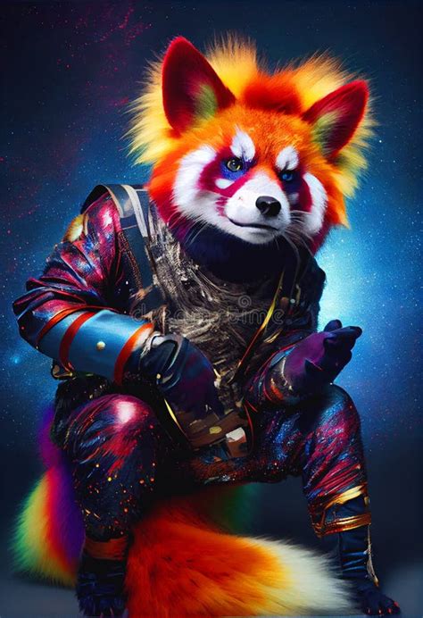 Rockstar Anthropomorphic Red Panda Animal Model Rainbow Colorful Stock