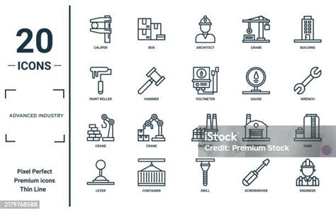 고급 산업 선형 아이콘 세트입니다 얇은 라인 캘리퍼스 페인트 롤러 크레인 레버 엔지니어 전압계 보고서 프리젠 테이션 다이어그램 웹 디자인 용 탱크 아이콘 포함 0명에 대한