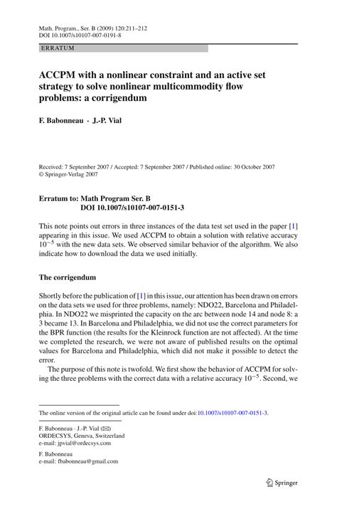 Pdf Accpm With A Nonlinear Constraint And An Active Set Strategy To Solve Nonlinear