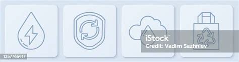 세트 라인 물 에너지 비가 오는 구름 방패 내부의 재활용 기호 및 재활용종이 봉투 흰색 정사각형 버튼 벡터 아이콘에 대한 스톡 벡터 아트 및 기타 이미지 Istock