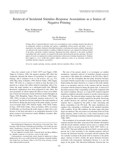 Pdf Retrieval Of Incidental Stimulus Response Associations As A Source Of Negative Priming