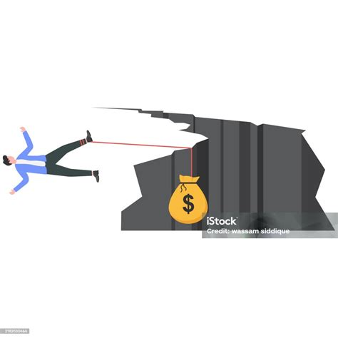 다리에 돈 가방을 묶고 절벽 가장자리를 잡고 있는 사업가 파산 부채 금융 위기 개념 3차원 형태에 대한 스톡 벡터 아트 및 기타 이미지 3차원 형태 가방 개념