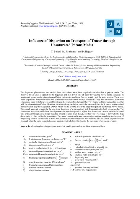 Pdf Influence Of Dispersion On Transport Of Tracer Through Unsaturated Porous Media
