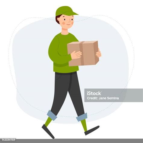 녹색 유니폼을 입은 남성 택배가 골판지 상자를 운반합니다 남자는 패키지를 배달합니다 나무 기둥에 대한 스톡 벡터 아트 및 기타 이미지 나무 기둥 남성 남자 Istock