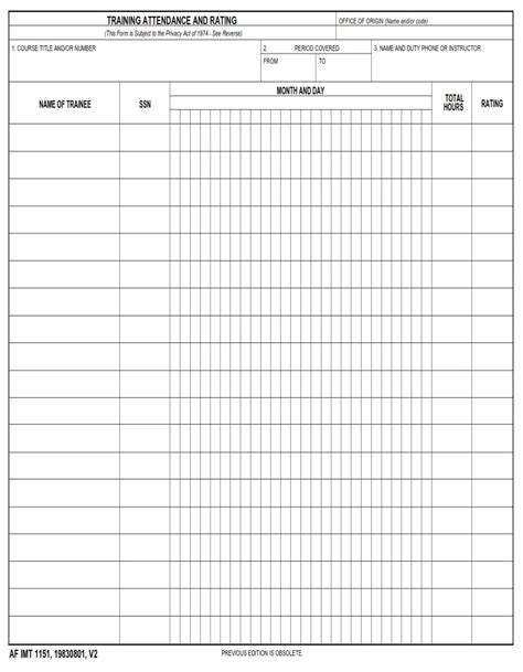 Af Form 1151 Training Attendance And Rating Af Forms