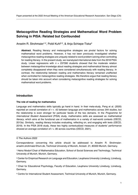 pdf metacognitive reading strategies and mathematical word problem