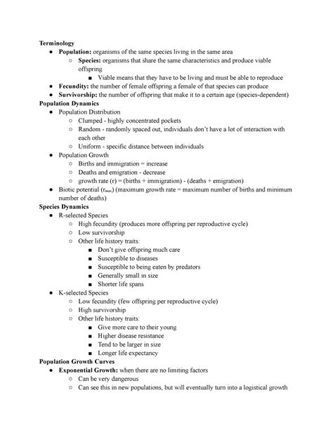 populations lecture notes and practice problems from class