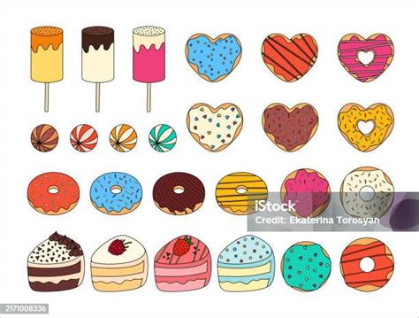 과자 낙서 벡터 세트 만화 디자인 쿠키 케이크 도넛 아이스크림 컬렉션 개체 그룹에 대한 스톡 벡터 아트 및 기타 이미지 개체