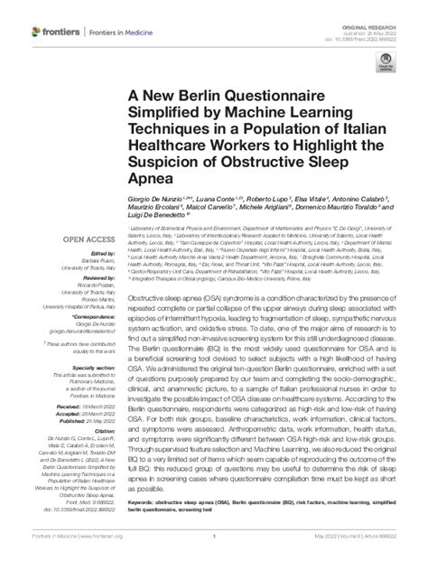 Pdf A New Berlin Questionnaire Simplified By Machine Learning Techniques In A Population Of