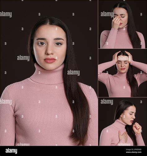 Collage With Photos Of Woman With Cold Symptoms On Brown Background