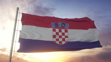 Flag Of Croatia Waving In The Wind Sky And Sun Background 3d Rendering