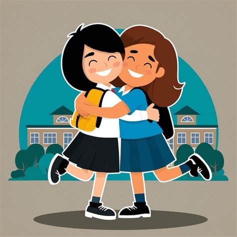 Two Girls Hugging And One Has A Blue Background With A Girl Hugging Her