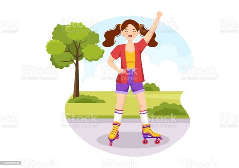 야외 활동 스포츠 레크리에이션 또는 주말 레크리에이션을 위해 도시 공원에서 롤러 스케이트를 타는 사람들은 만화 손으로 그린 템플릿 그림 거리에 대한 스톡 벡터 아트 및 기타