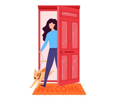 Mujer Saliendo Por La Puerta Con Su Perro Enérgico Dueño De Mascota