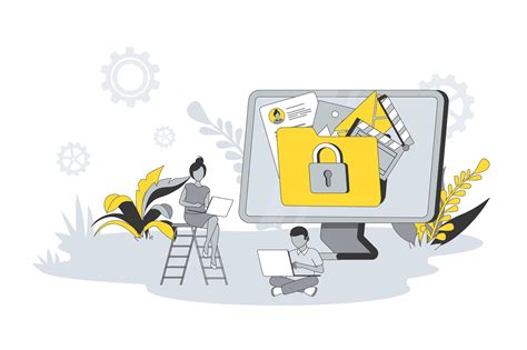Data Protection Concept In Flat Line Design People Store Files And Information Using Secure