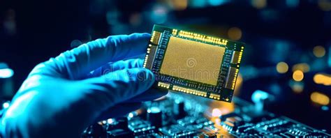 Gloved Hand Holding Microchip Semiconductor Technology In High Tech Manufacturing Circuit