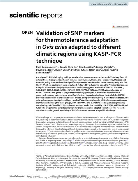 Pdf Validation Of Snp Markers For Thermotolerance Adaptation In Ovisaries Adapted To Different