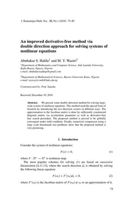 Pdf An Improved Derivative Free Method Via Double Direction Approach For Solving Systems Of