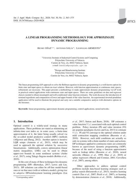 Pdf A Linear Programming Methodology For Approximate Dynamic Programming
