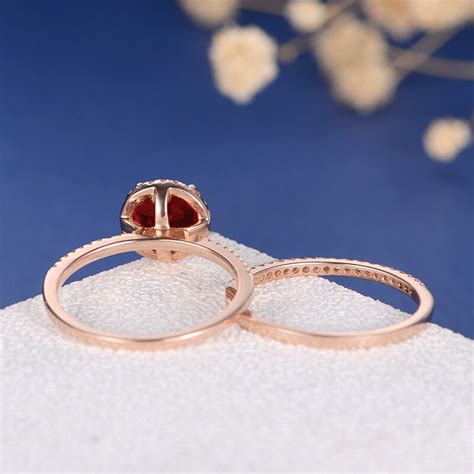 Lab Ruby Bridal Set Lab Ruby Engagement Ring Rose Gold Natural Etsy